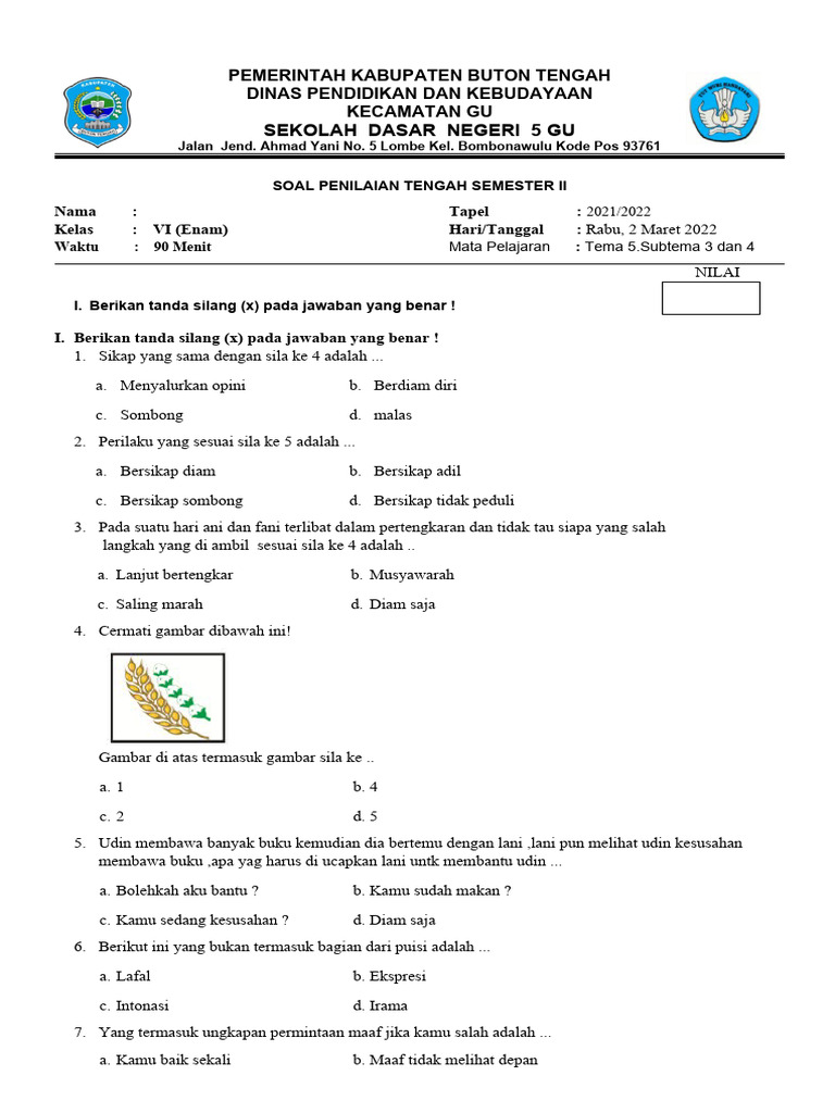 PTS KELAS 2 (Tema 5 Subtema 3 Dan 4) | PDF