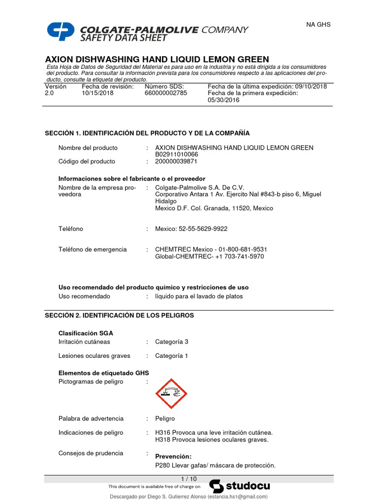HDS Axion - Hojas de Seguridad Del Jabón Axión | PDF | Relaciones ...
