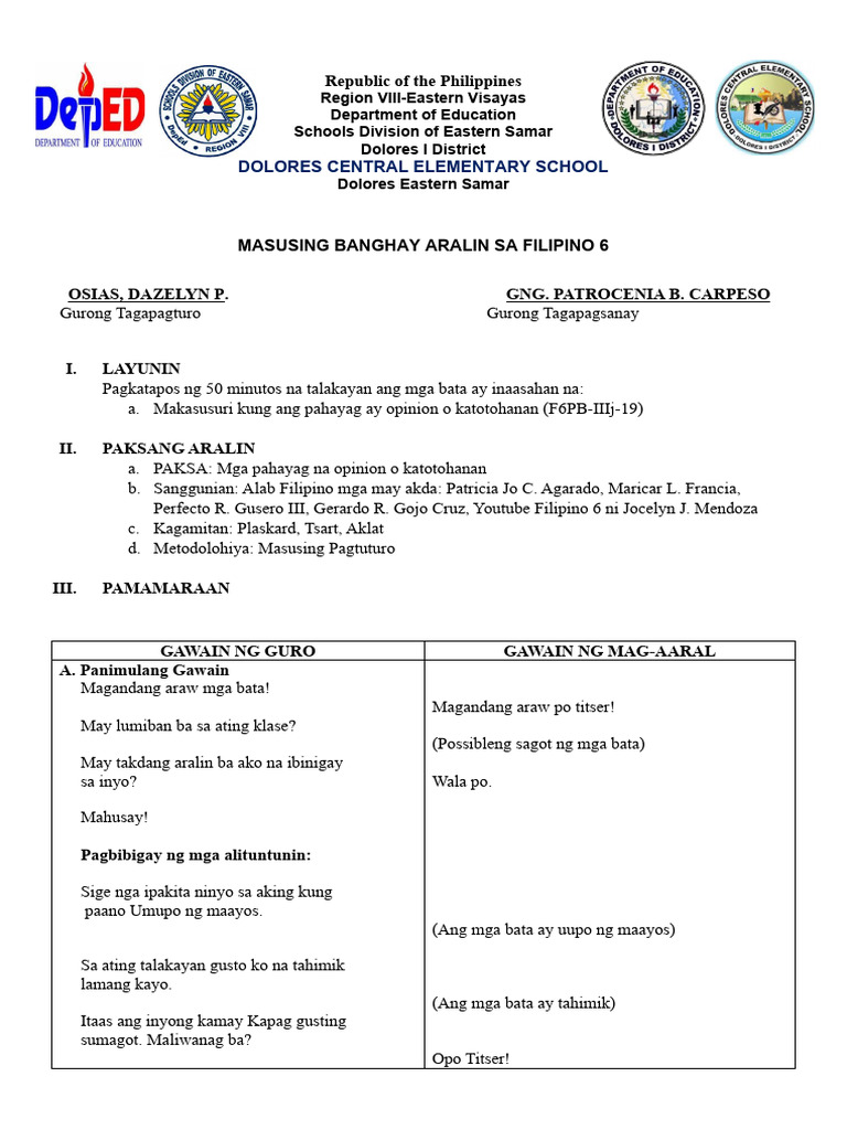 Masusing Banghay Aralin Sa Filipino 6.1 | PDF