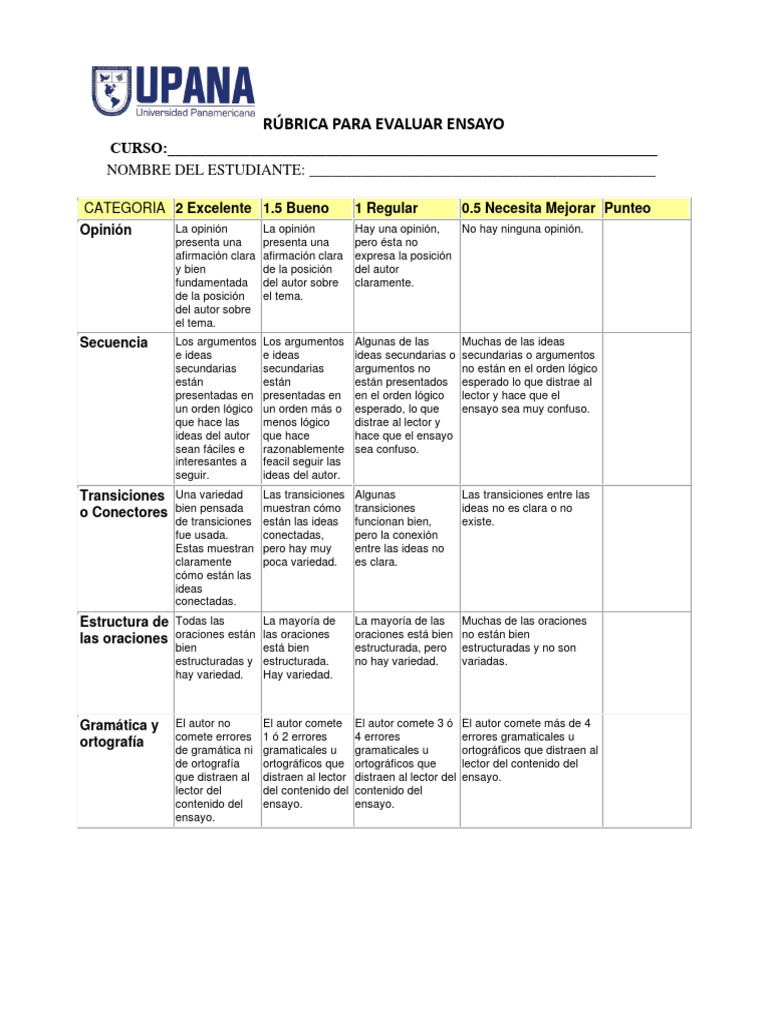 Rúbrica de Evaluación de Ensayos | PDF | Ensayos | Gramática