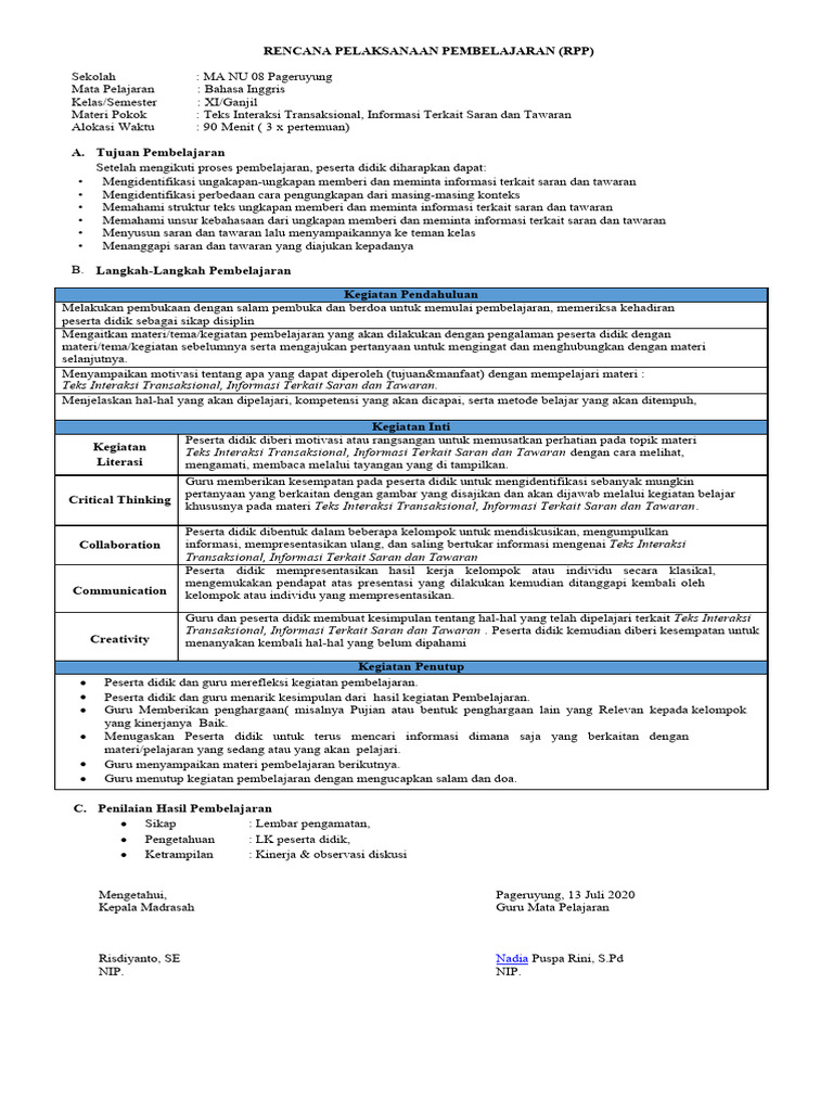 1 - RPP 1 Lembar B.ing Kelas 11 | PDF
