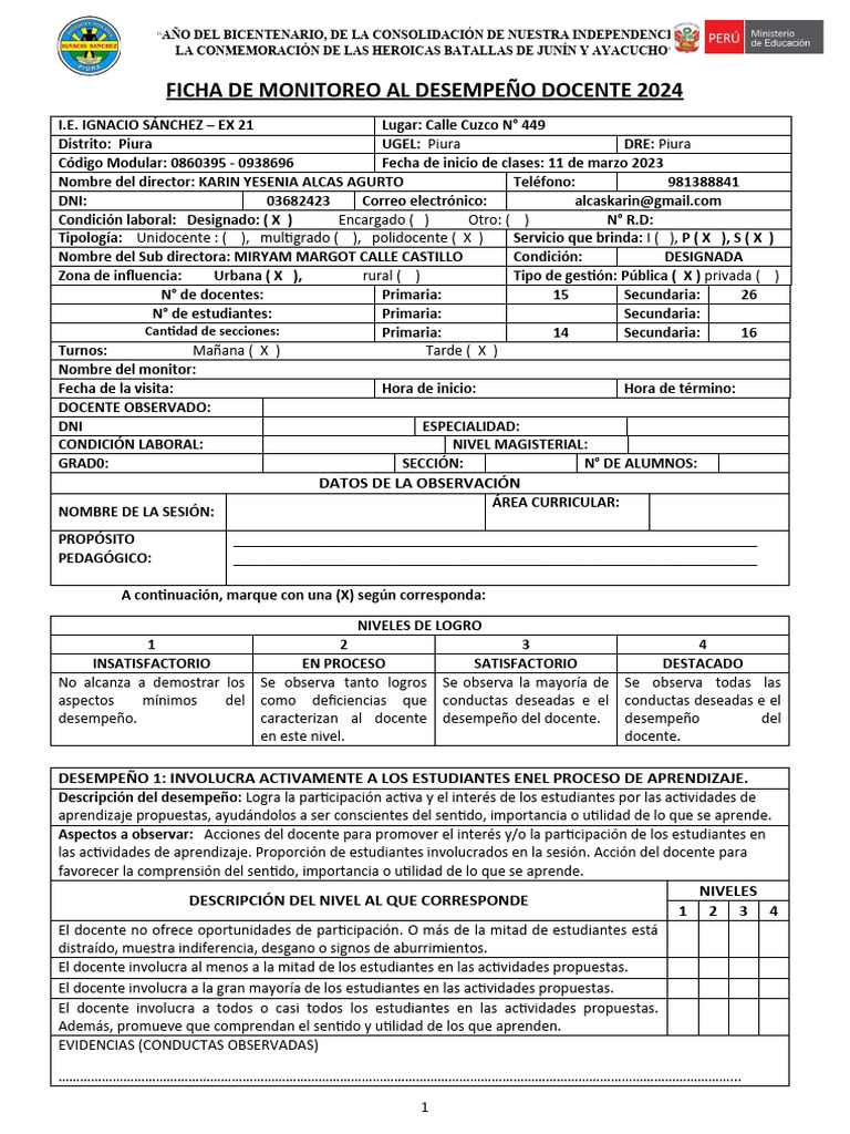 Ficha de Monitoreo Al Desempeño Docente Ex 21 2024 | PDF | Evaluación | Aprendizaje