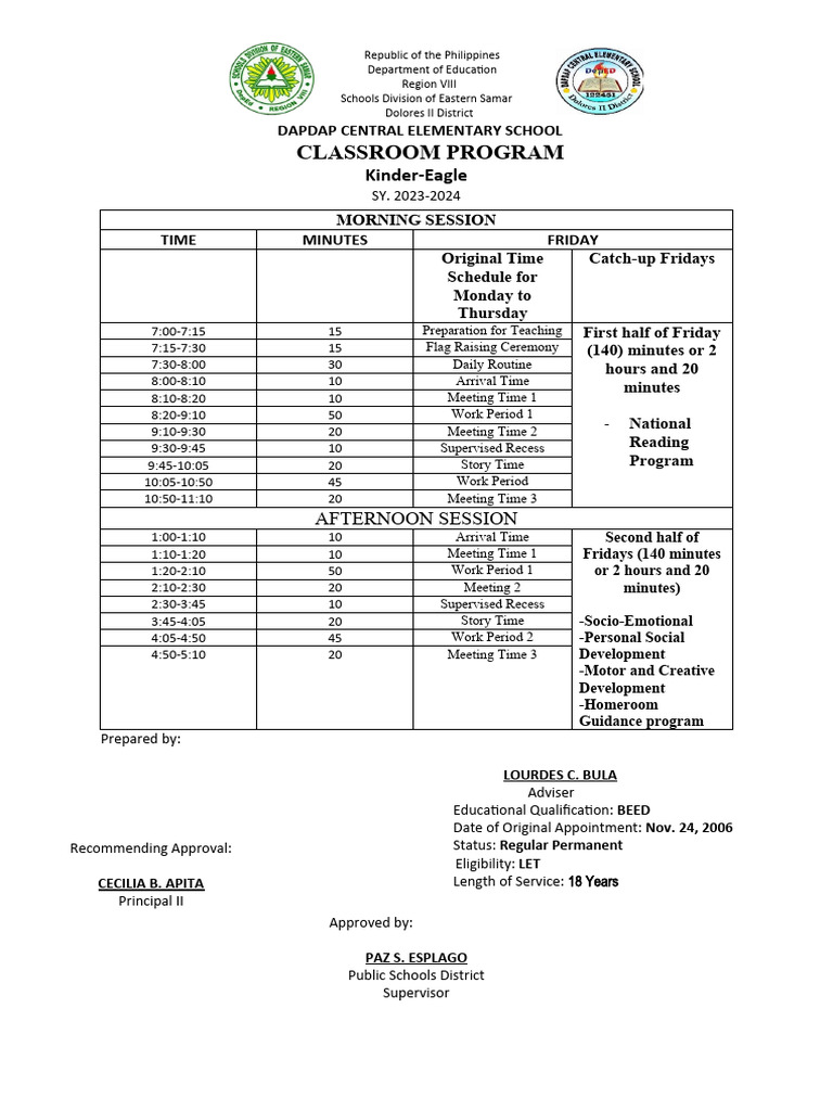 Classroom Program for Kinder-Eagle 2023-24 | PDF