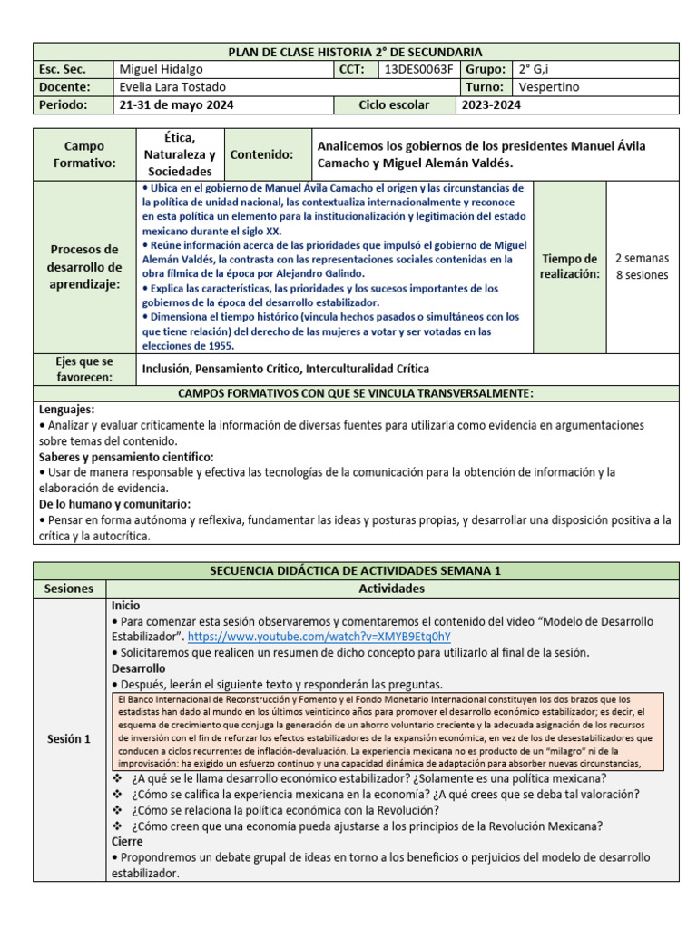 Plan de Clase: Historia 2° Secundaria | PDF | México | Democracia