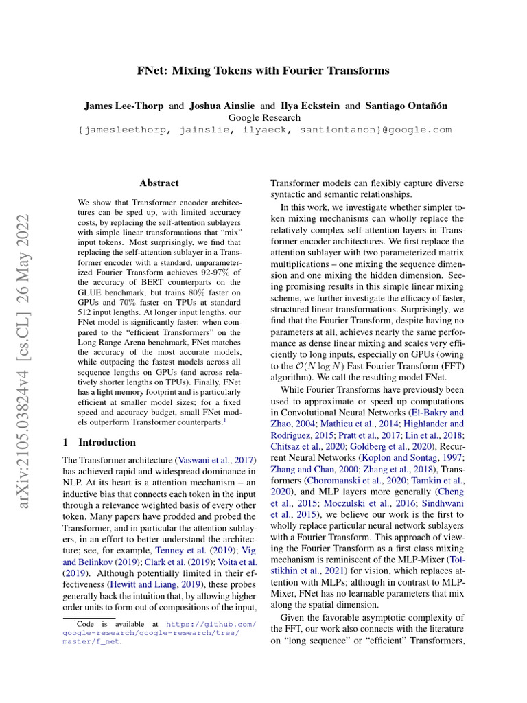 Fnet: Mixing Tokens With Fourier Transforms | PDF | Discrete Fourier ...