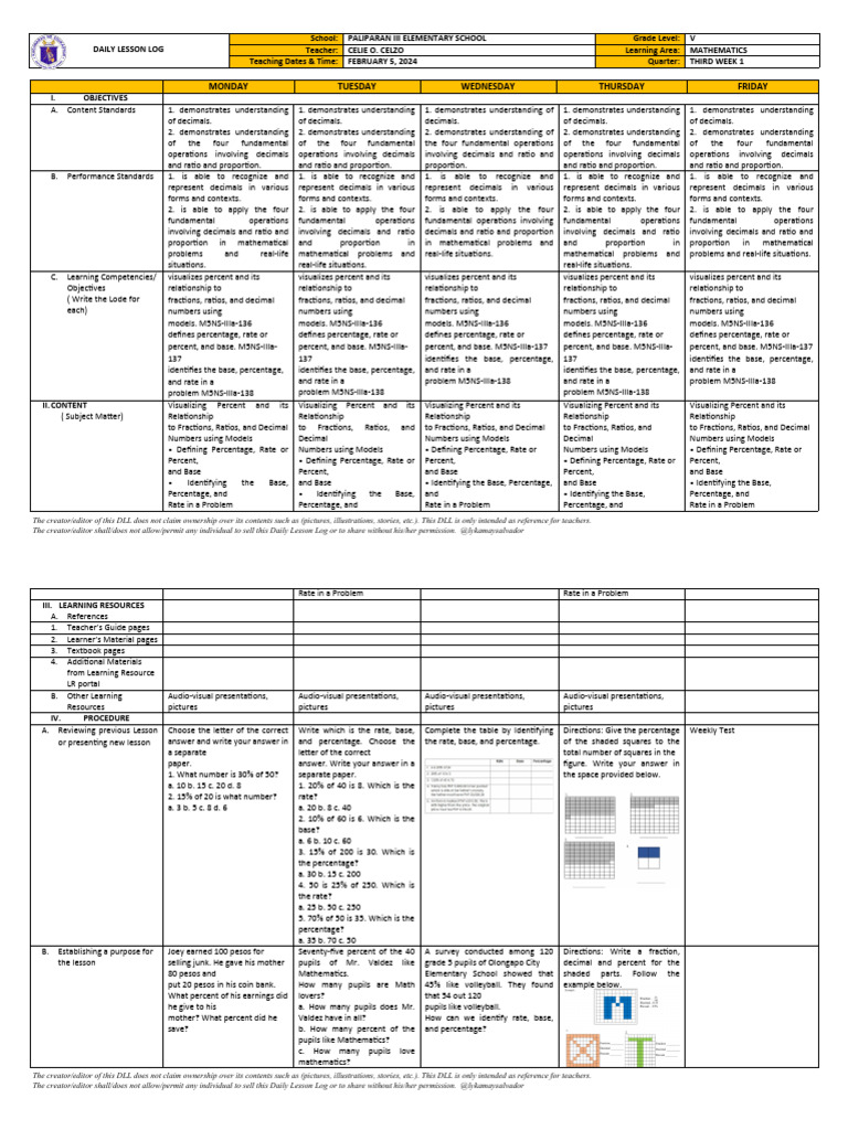 DLL Math5-Q3 | PDF | Percentage | Mathematics