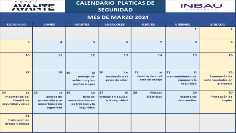 Calendario Platicas de Seguridad | PDF