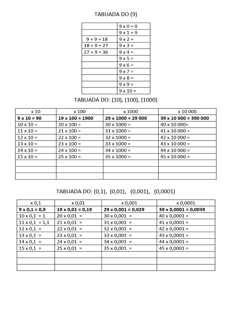 Tabuada Do 9 - Tabuada Do 0,1 - 0,01 - 0,001 | PDF