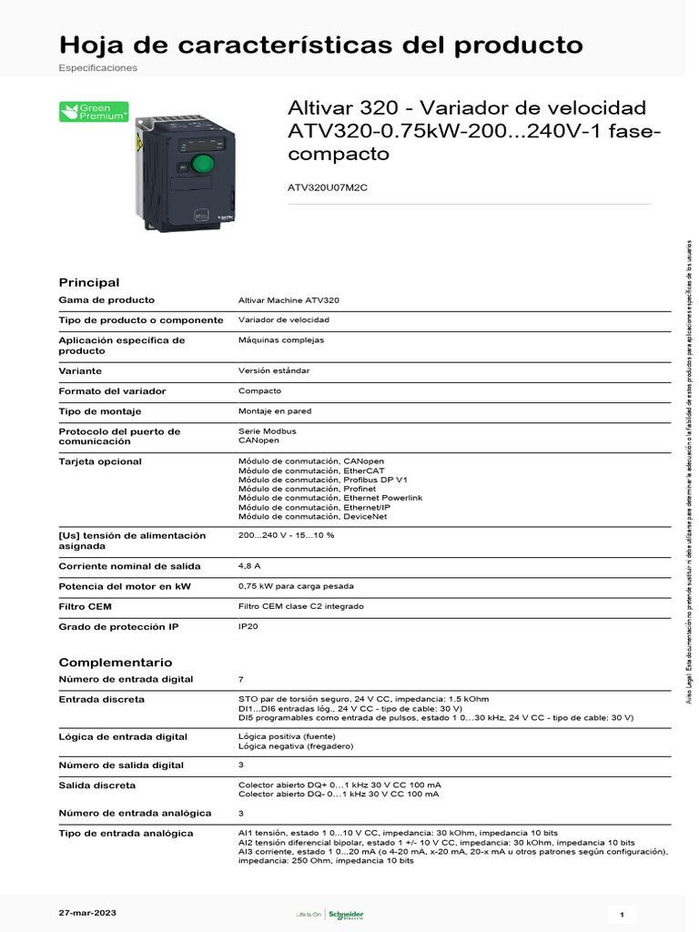 Altivar Machine ATV320 - ATV320U07M2C | PDF | Impedancia eléctrica | Relé