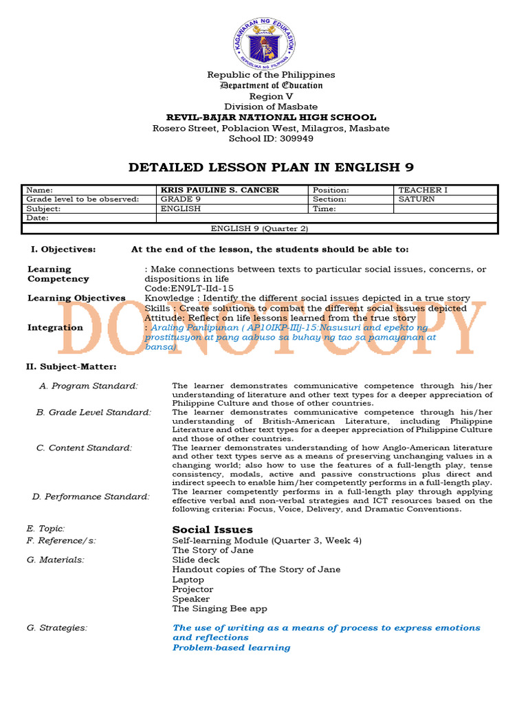 Detailed Lesson Plan in English 9 Cot 2 1 | PDF | Violence | Domestic ...