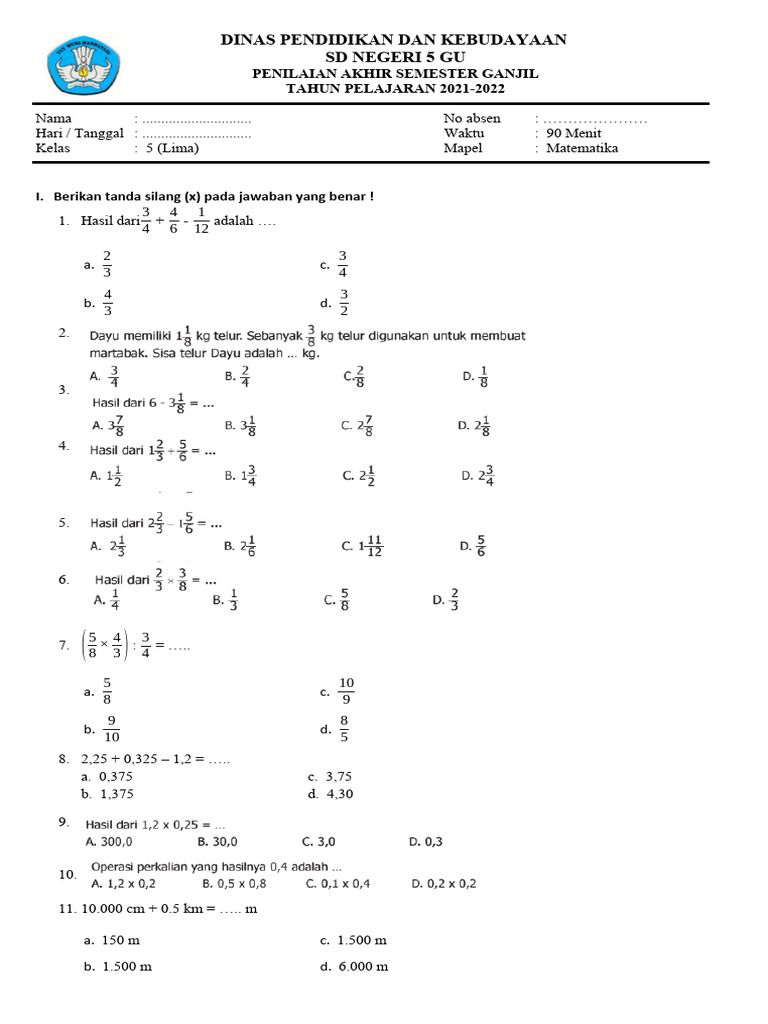 Soal Pas MTK KLS 5 K-13 - 2021 | PDF