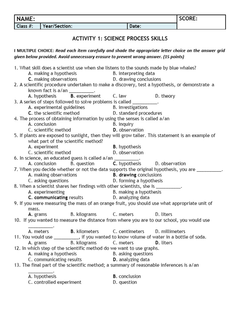 Science 7 1st Quiz 1 Science Process Skills | PDF | Scientific Method ...