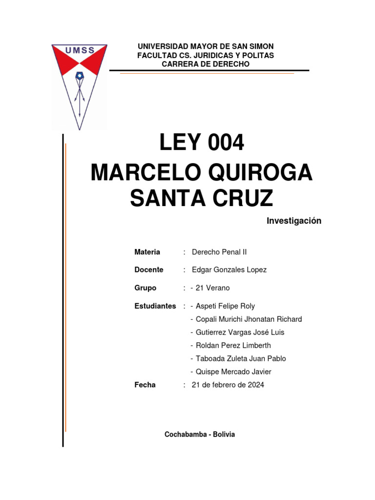 Ley 004 - Marcelo Quiroga Santa Cruz | PDF | Corrupción política | Derecho penal