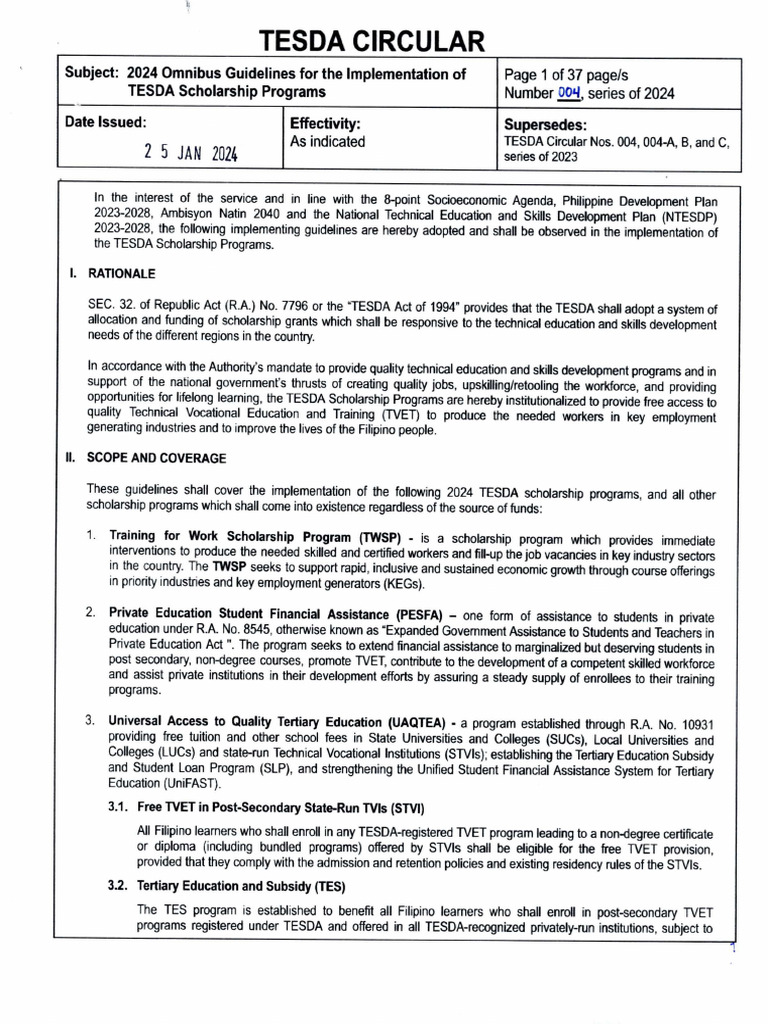 TESDA Circular No. 004-2024 | PDF | Vocational Education