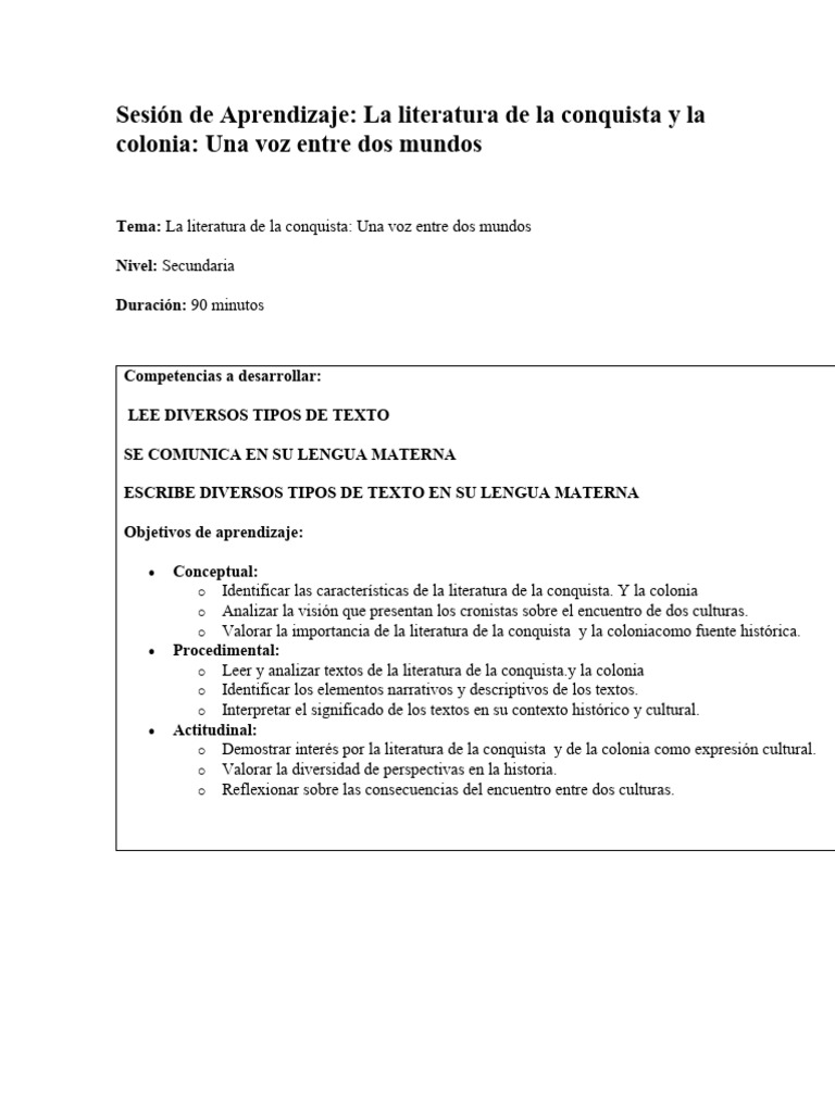 Literatura de la Conquista en Secundaria | PDF | Salón de clases ...
