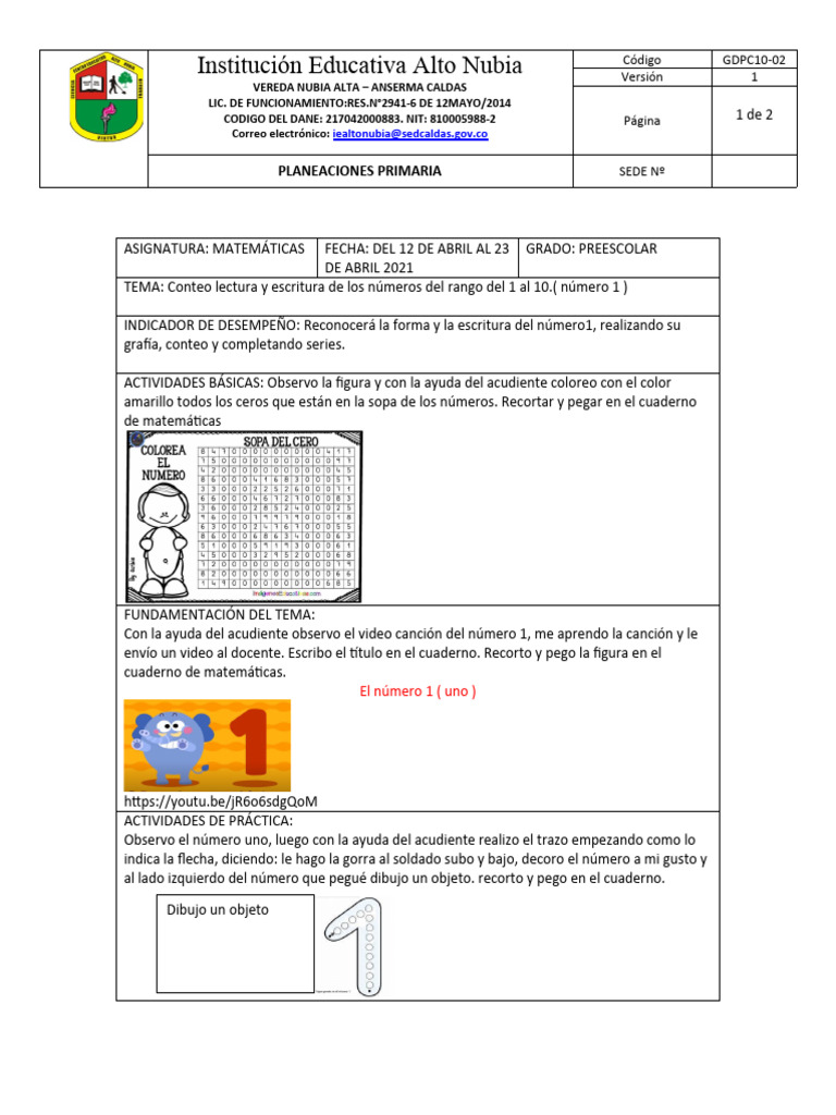 Planeación Matemáticas Preescolar Guía 1 Periodo 2 | PDF