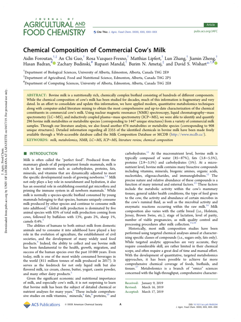 Chemical Composition of Cow's Milk | PDF | Metabolomics | Milk