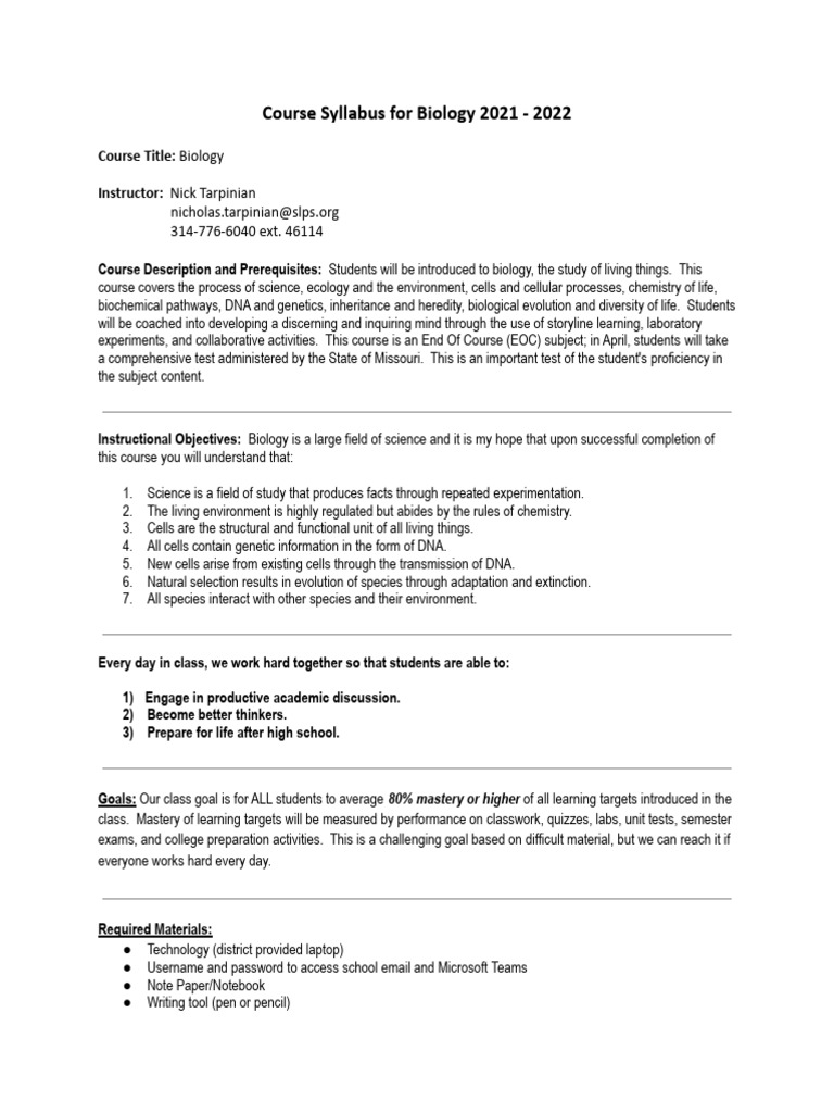 Biology Course Syllabus 2021-2022 | PDF | Biology | Life