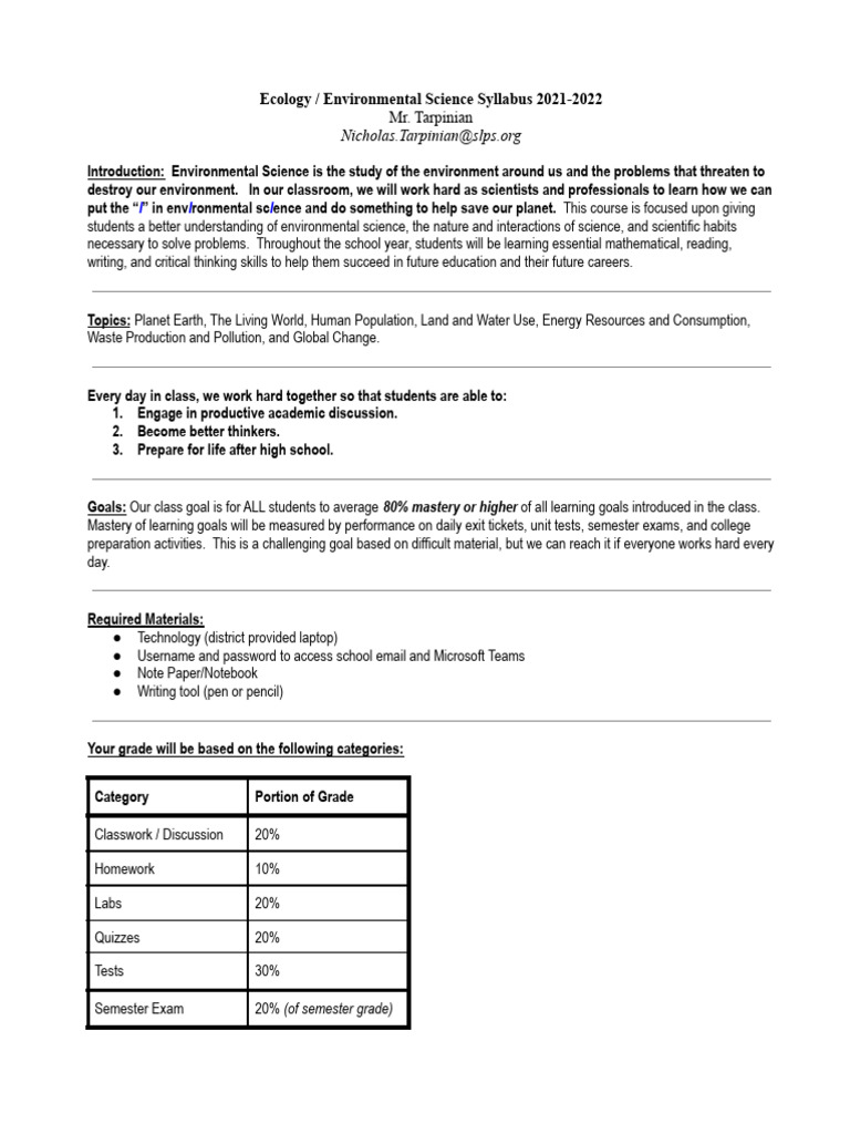 Ecology Syllabus 2021-2022 (Tarpinian) | PDF | Ecology | Sustainability