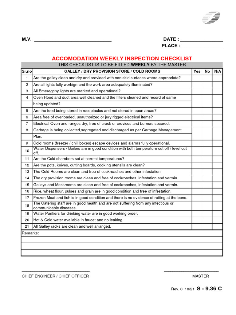 S-9.36 C - Accommodation Weekly Inspection Checklist | Download Free ...