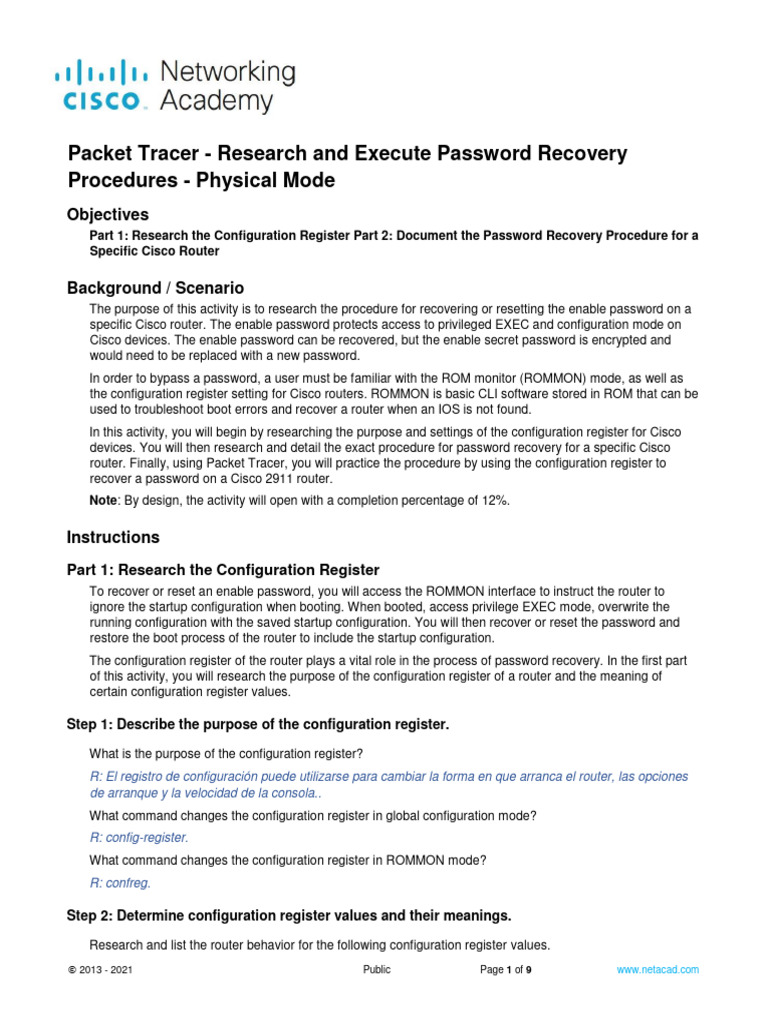 Packet Tracer - Research and Execute Password Recovery Procedures ...