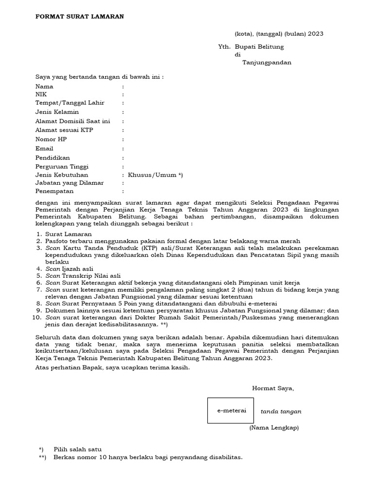 2f297 Format Surat Lamaran PPPK Teknis 2023 | PDF
