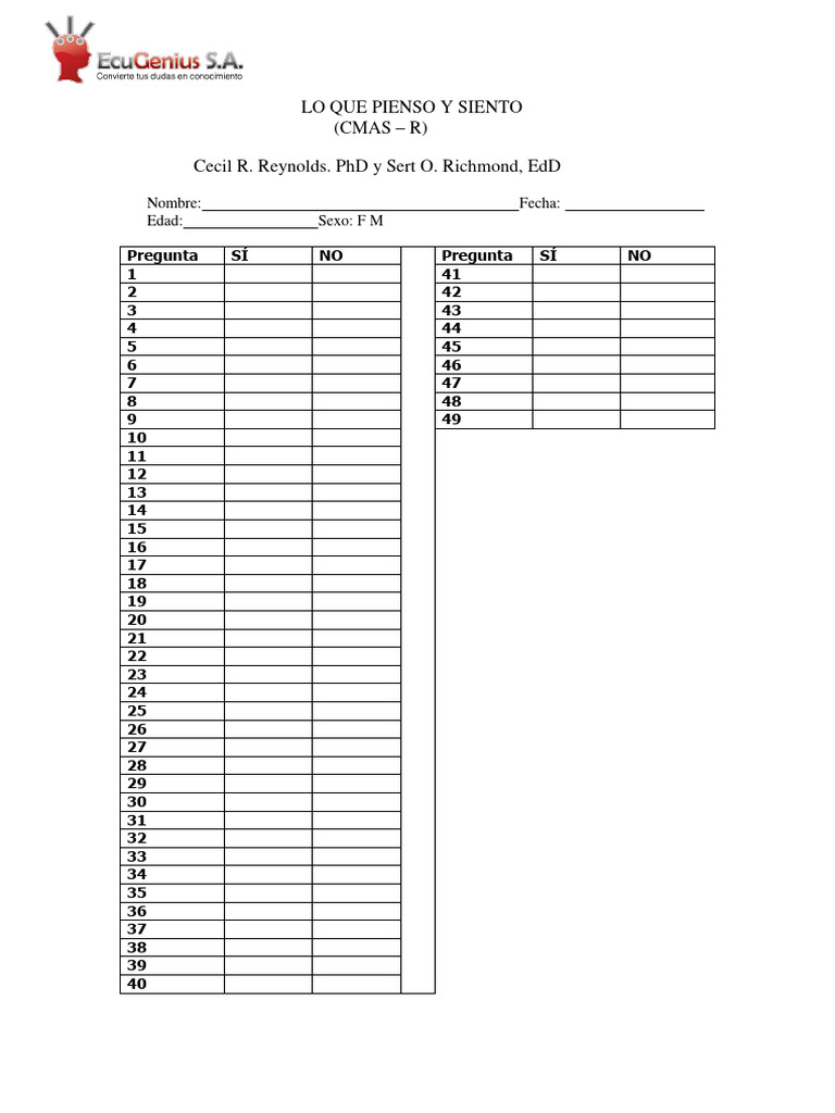 Lo Que Pienso Y Siento (Cmas - R) Cecil R. Reynolds. PHD Y Sert O ...