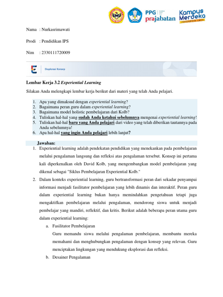 Eksplorasi Konsep - T3 - Lembar Kerja 3.2 Experiential Learning - Nurkasrimawati | PDF