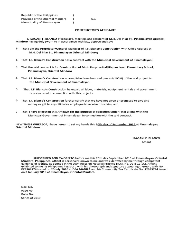 Contractor's Affidavit | Download Free PDF | Affidavit | Legal Procedure