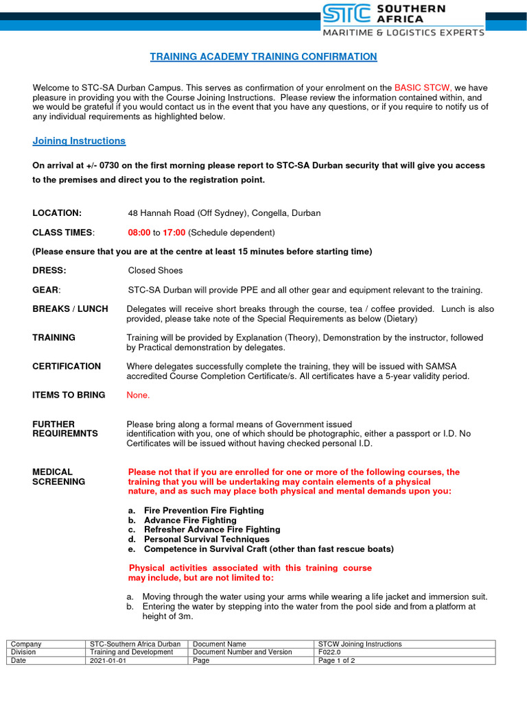 F022.0 STCW Joining Instructrions BASIC STCW 26 June - 6 July Durban ...