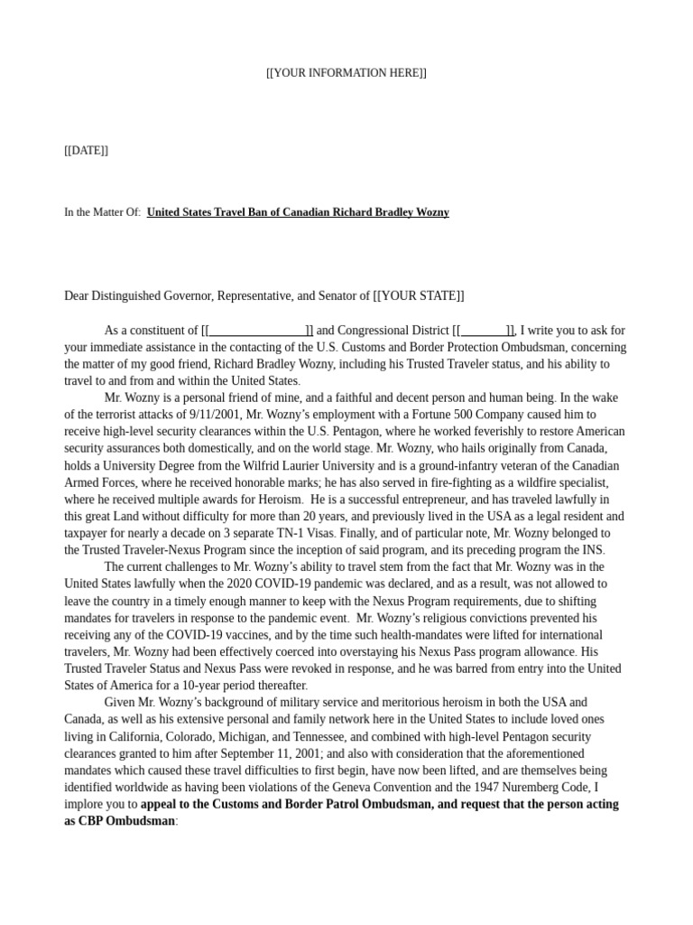 Letter of Request: CBP Ombudsman - RE Richard B Wozny Travel Ban - USA ...