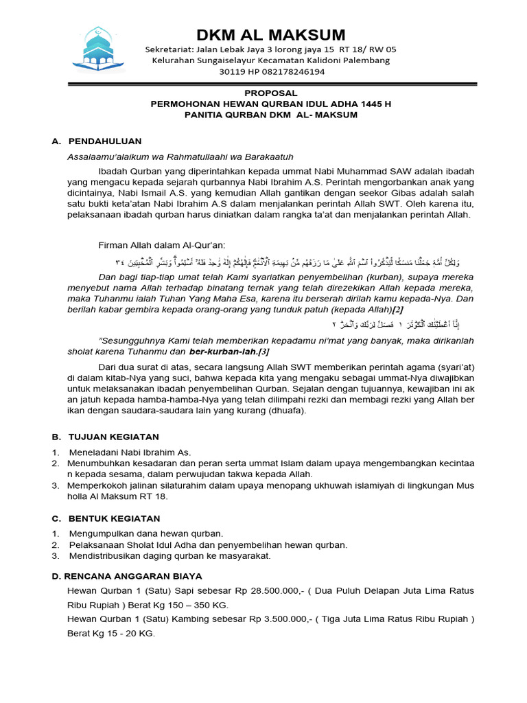 Proposal Qurban Idul Adha DKM Al Maksum | PDF