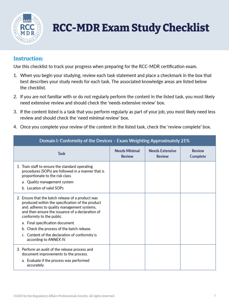 RAPS RCC MDR Study Checklist | PDF | Medical Device