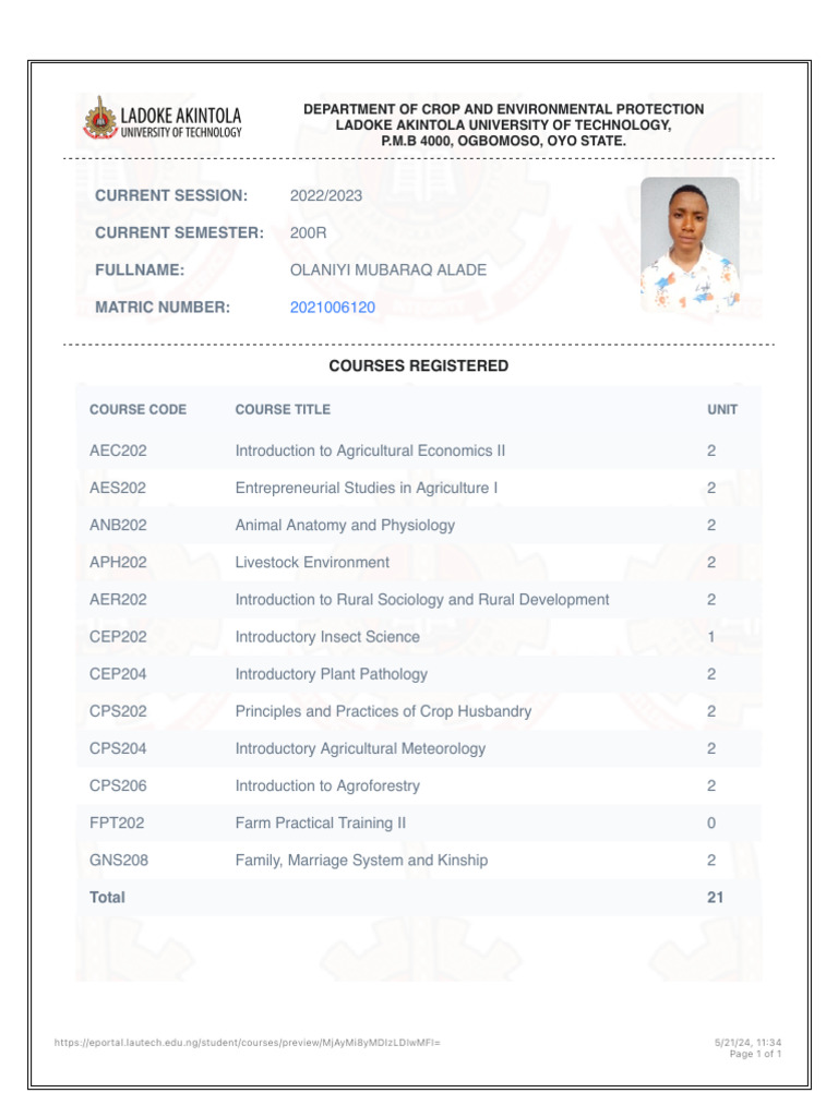 LAUTECH 2022/2023 Course Registration List | PDF
