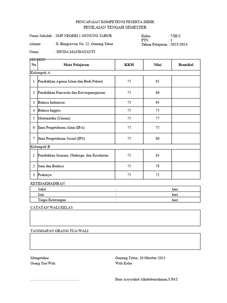 Daftar Nilai Pts Genap 8c 2023-2024 | PDF