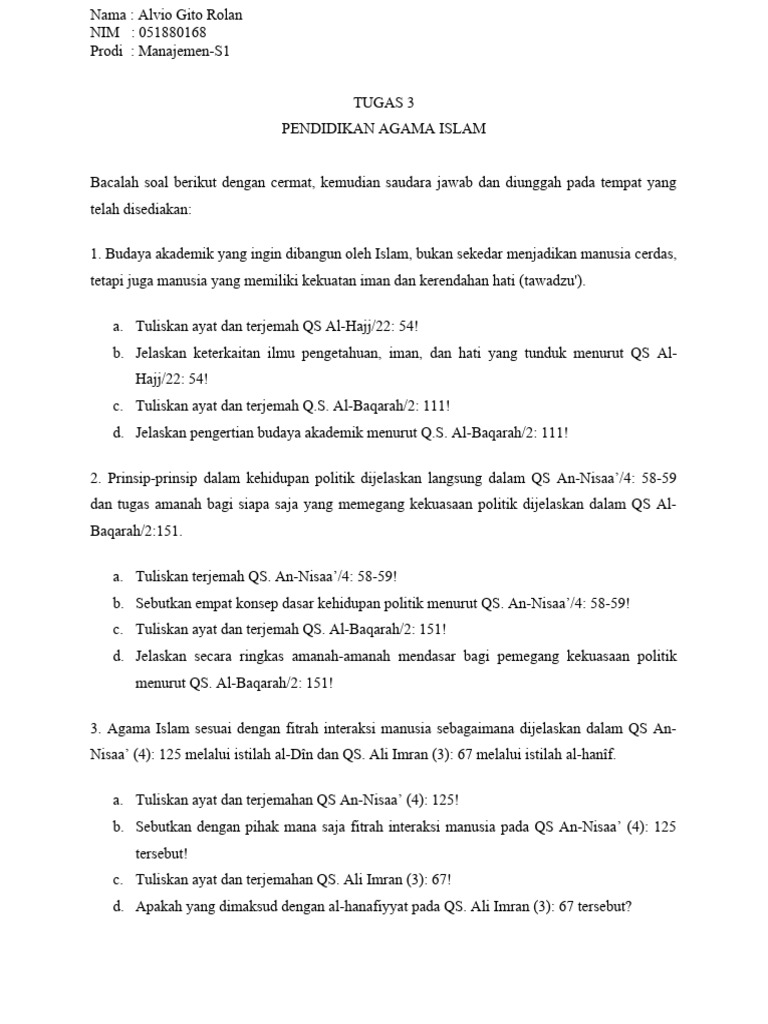 Tugas 3 - Pendidikan Agama Islam - Alvio Gito Rolan - 051880168 | PDF