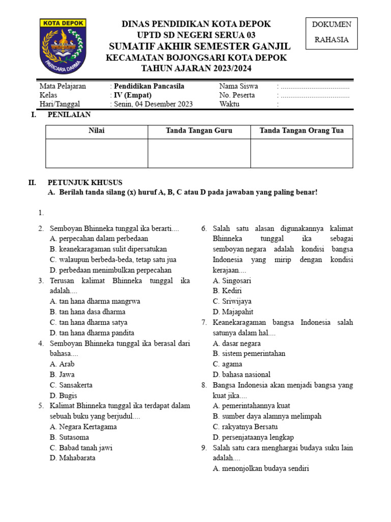 SAS Pendidikan Pancasila Sem 1 | PDF