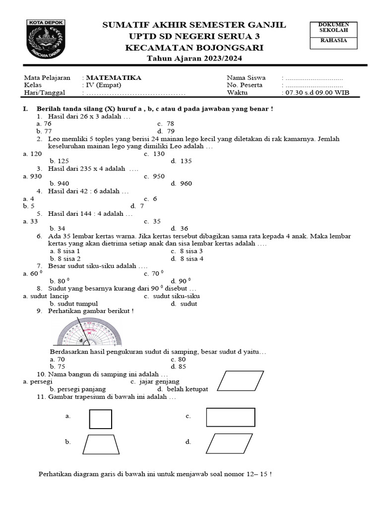 Soal SAS Ganjil - Kelas 4matematik - 2223 | PDF