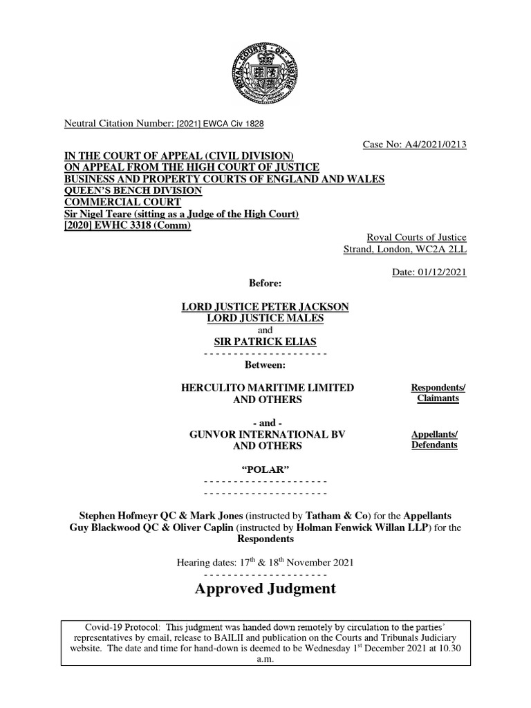 Approved Judgment: (2021) EWCA Civ 1828 | Download Free PDF | Insurance ...