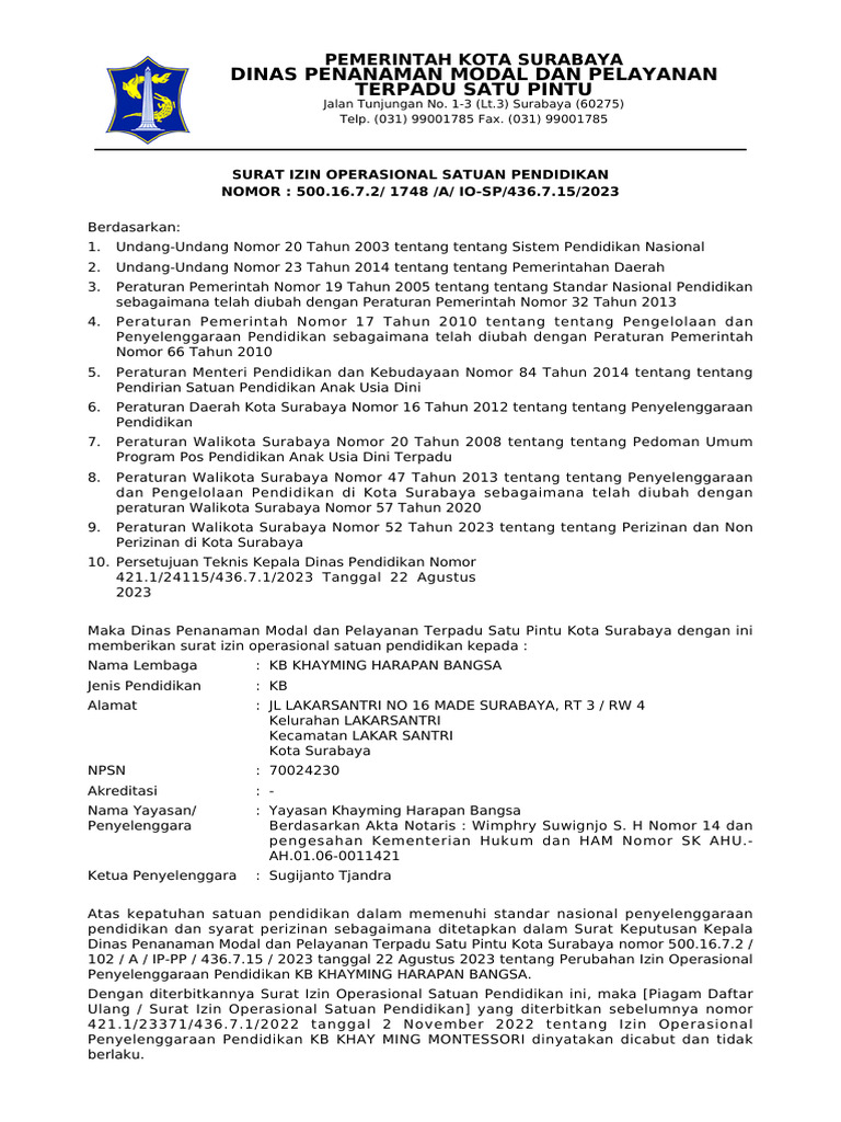 Ijin Operasional KB | PDF