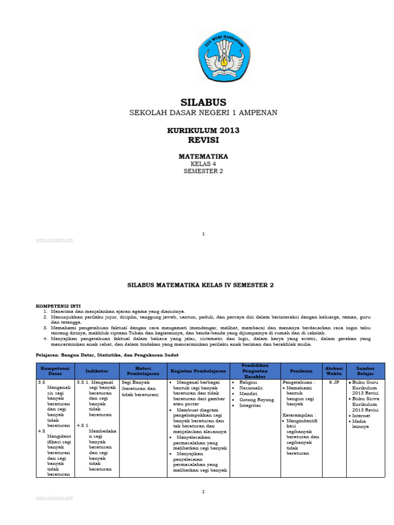 Silabus Matematika Kelas 4 Semester 2 | PDF