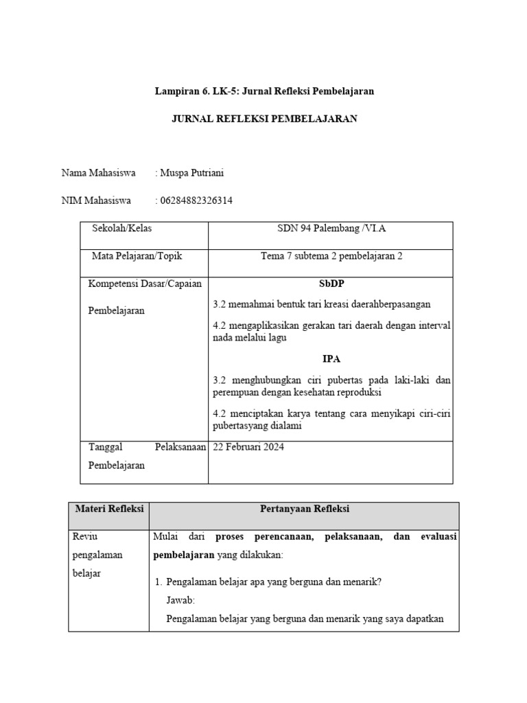 Lampiran 6. LK-5 Jurnal Refleksi Pembelajaran Siklus 1-1 | PDF