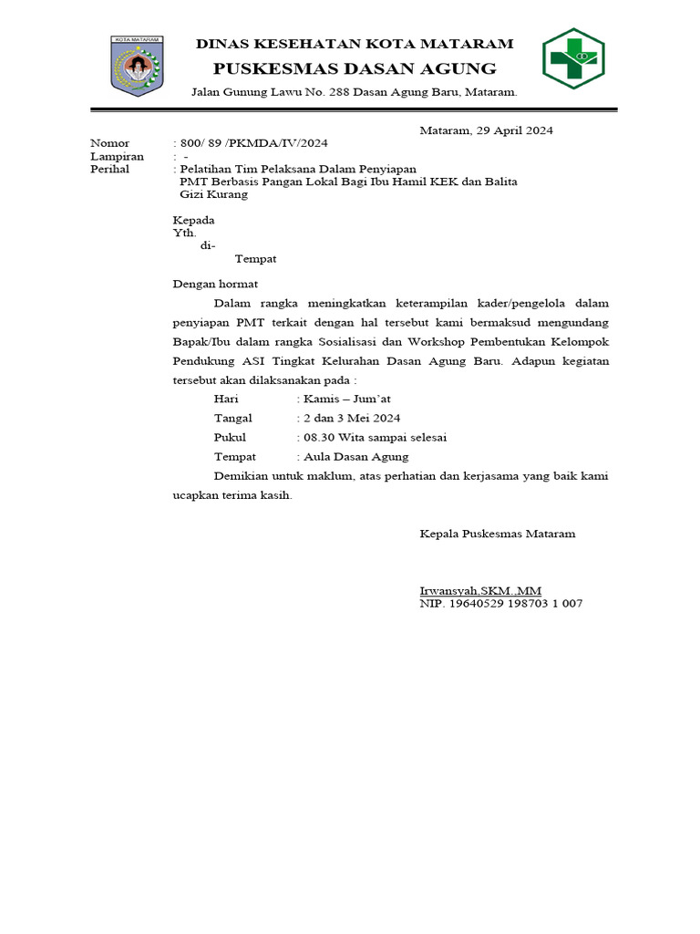 Surat Pelatihan PMT Lokal | PDF | Kesehatan Holistik