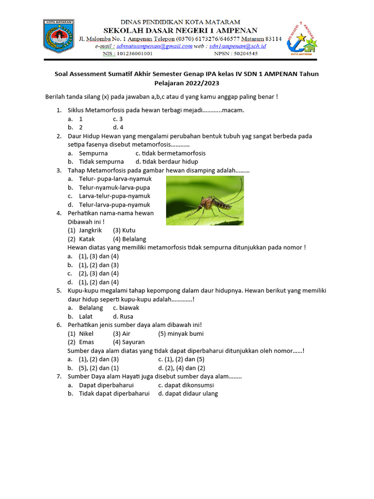 Soal Penilaian Tengah Semester IPA Kelas IV SDN 1 AMPENAN Tahun Pelajaran 2022 | PDF | Seni ...