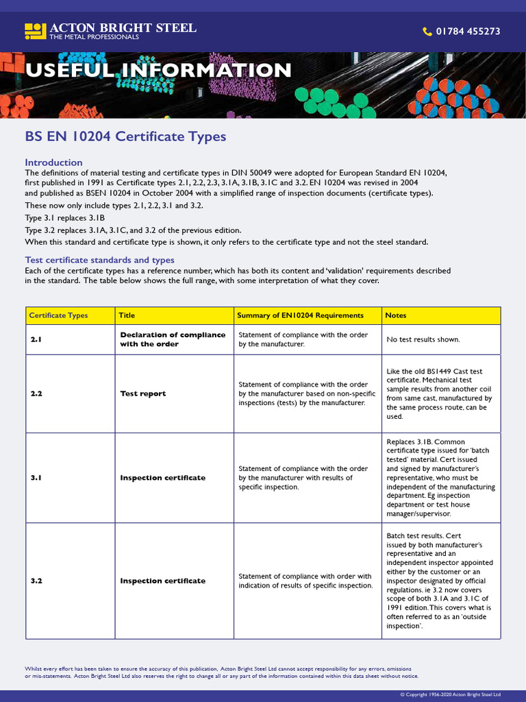 Bs en 10204 Certificate Types | PDF | Regulatory Compliance