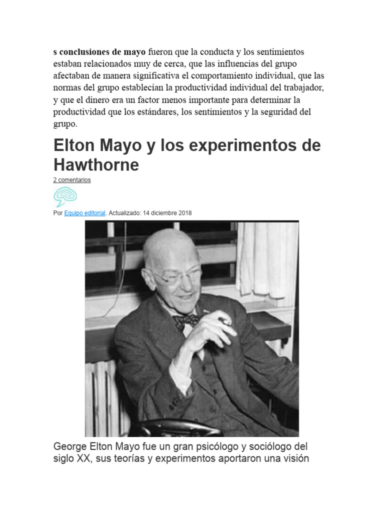 Elton Mayo y Los Experimentos de Hawthorne | PDF | Science | Sicología