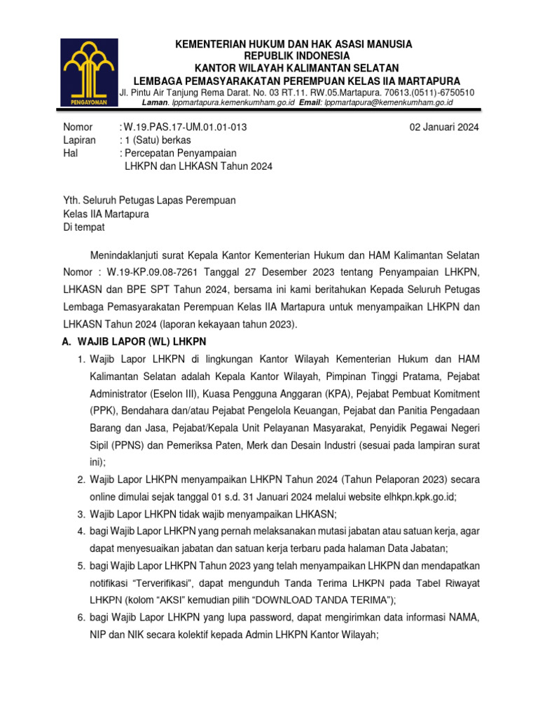 Pengumuman Penyampaian LHKPN Dan LHKASN 2024-2 | PDF