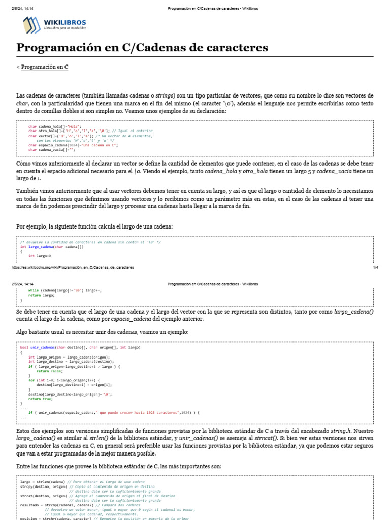Programación en C - Cadenas de Caracteres - Wikilibros | PDF ...