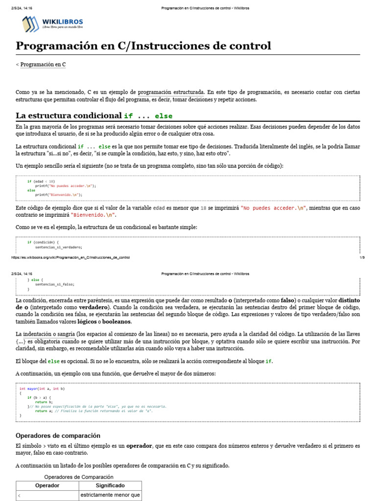 Programación en C - Instrucciones de Control - Wikilibros | PDF | División (Matemáticas ...