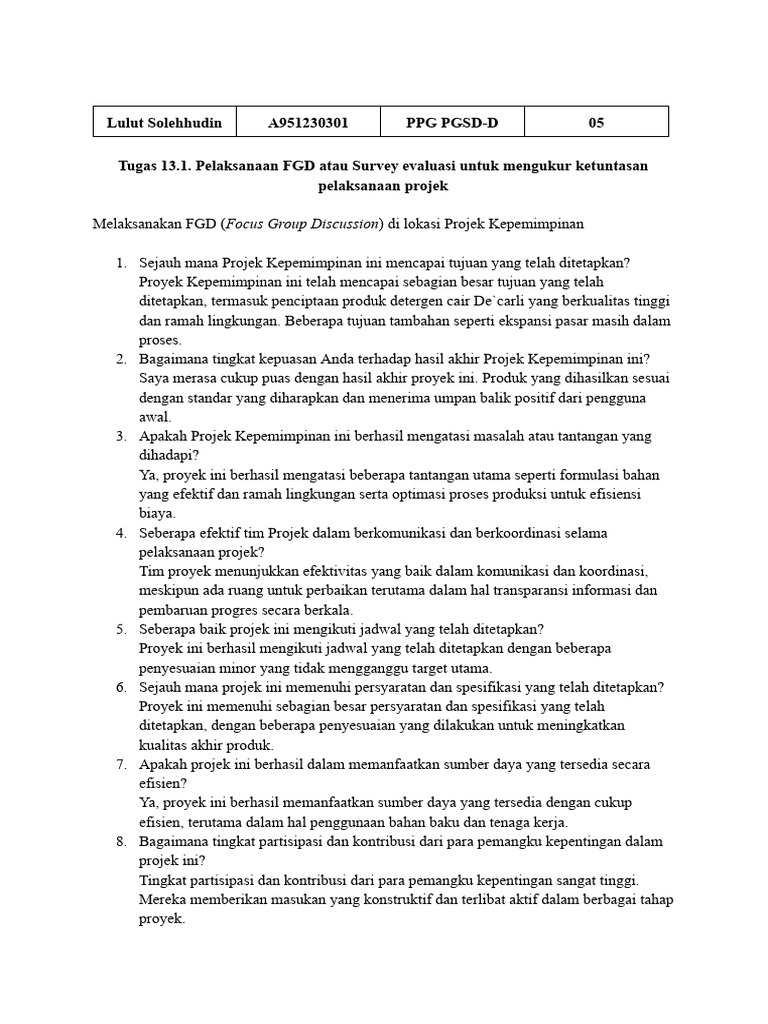 Tugas 13.1. Pelaksanaan FGD Atau Survey Evaluasi Untuk Mengukur Ketuntasan Pelaksanaan Projek ...